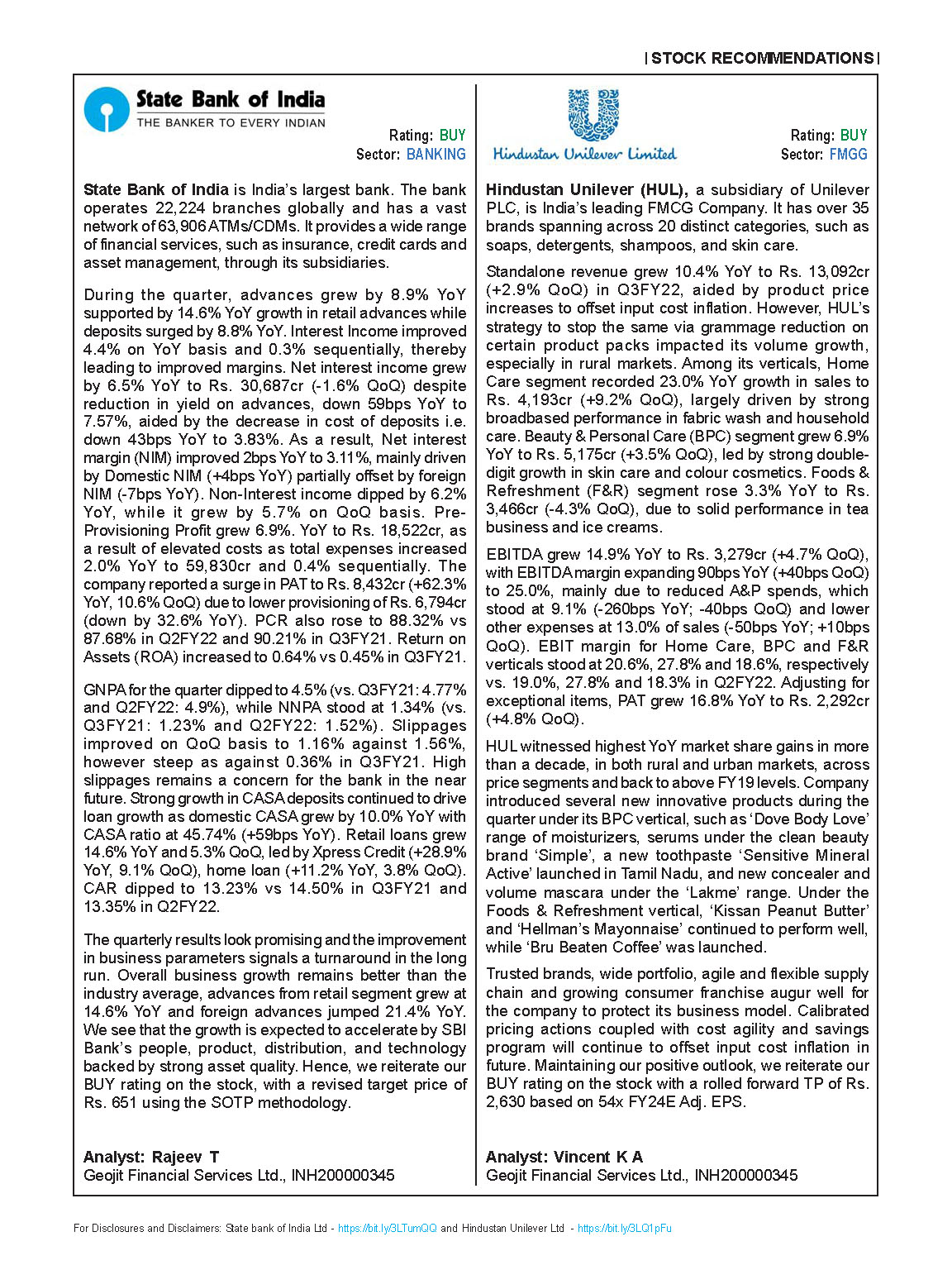 Our stock recommendations – Geojit Insights