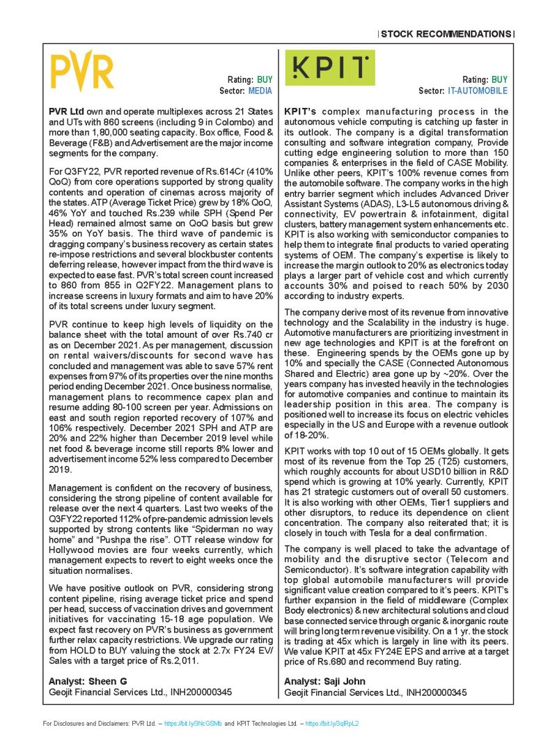 Geojit’s stock recommendations – Geojit Insights