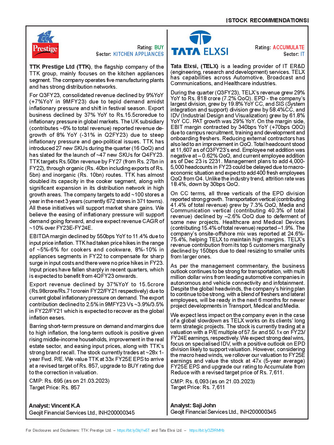 Stock Recommendations – April 2023 – Geojit Insights