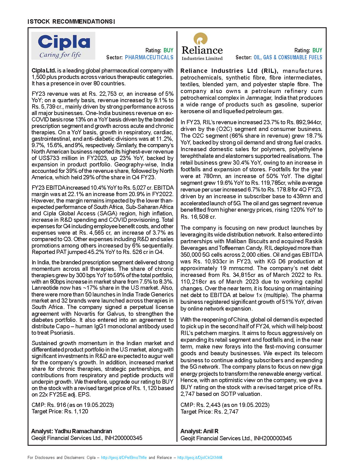 Stock Recommendations – June 2023 – Geojit Insights