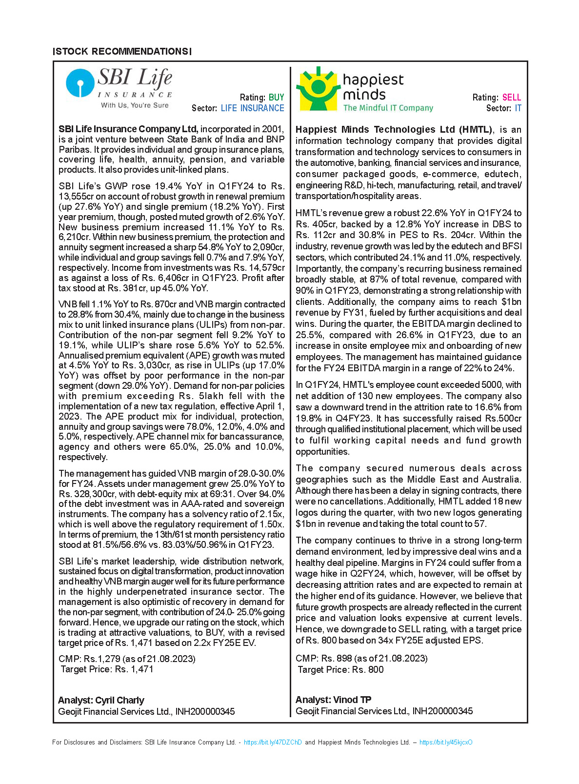 Stock recommendation – September 2023 – Geojit Insights